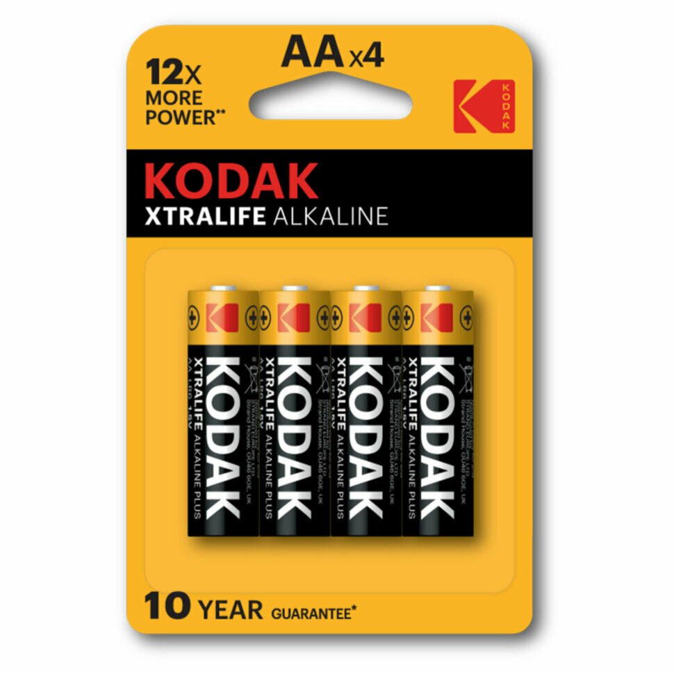 Батарейки алкалиновые "пальчиковые" комплект 4 шт, KODAK Xtralife Alkaline, АА (LR6, 24А), блистер, Б0014328, 457385