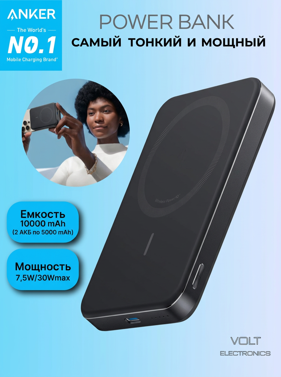 Внешний аккумулятор Anker MagGo Ultra-Slim A1664 10000 mAh (2 АКБ по 5000 mAh), 7.5W/30W, черный