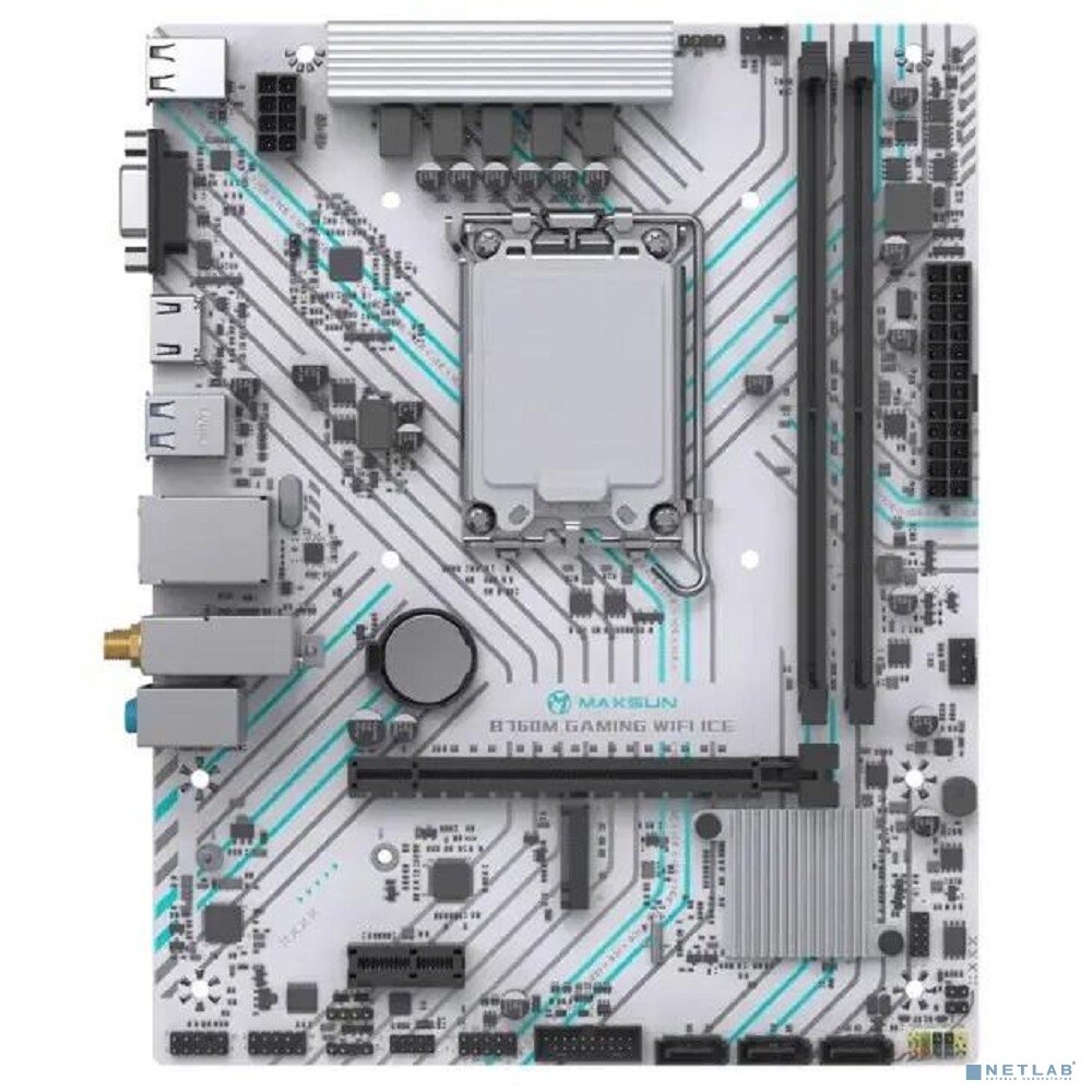 MAXSUN MS-B760M GAMING WIFI ICE (Socket 1700, mATX, 2*DDR4(64Gb), VGA/HDMI, 3*SATA3, 1*M.2, 1*PCIEx16/1*PCIEx1, 2*USB2.0, 4*USB 3.2, LAN 1*1G, Bluetooth, Wi-Fi 802.11ac, ARGB, white, RTL)