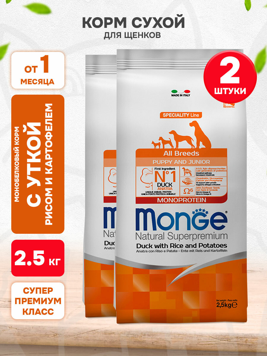 Корм сухой Monge Speciality Monoprotein Puppy & Junior Duck монобелковый для щенков всех пород, утка, рис, картофель, 2,5 кг 2 шт