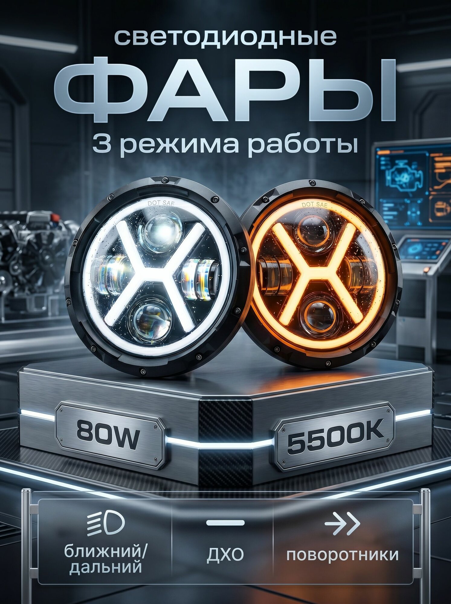 Светодиодные фары LED c ДХО и поворотником на Волга Урал ЗИЛ Краз МАЗ Камаз / Лед фары круглые 178мм