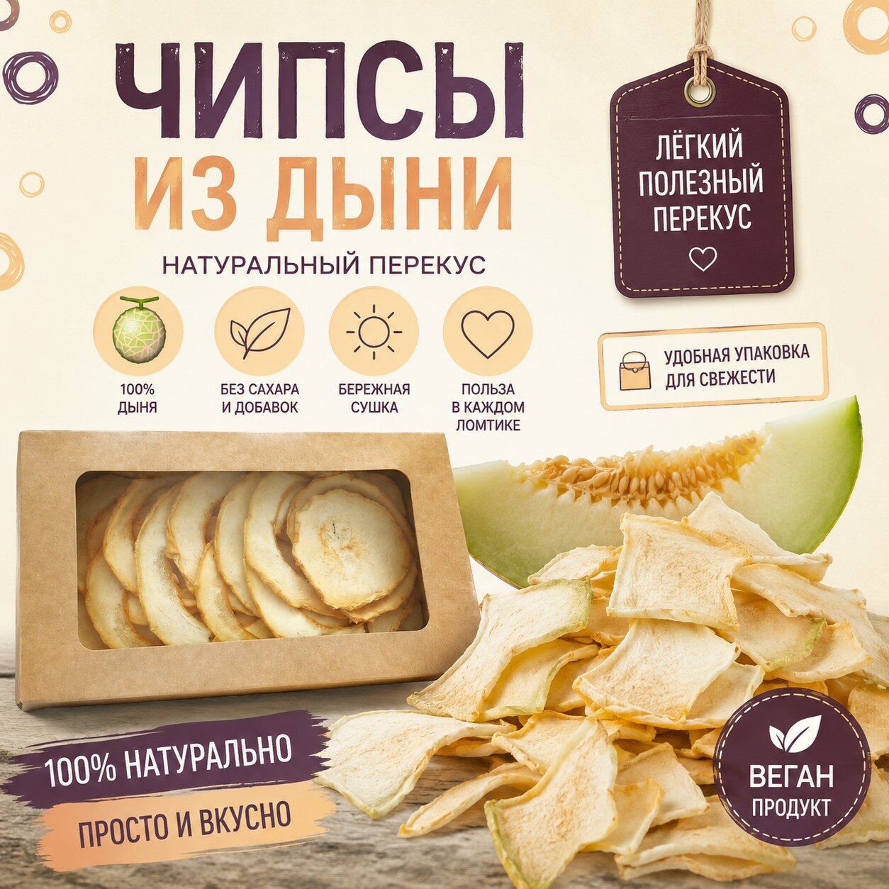Фруктовые чипсы , сухофрукты- дыня