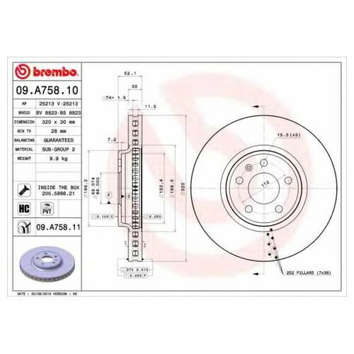 Диск тормозной передний Brembo 09a75811 для Audi A4, A4 allroad, A5, Q5