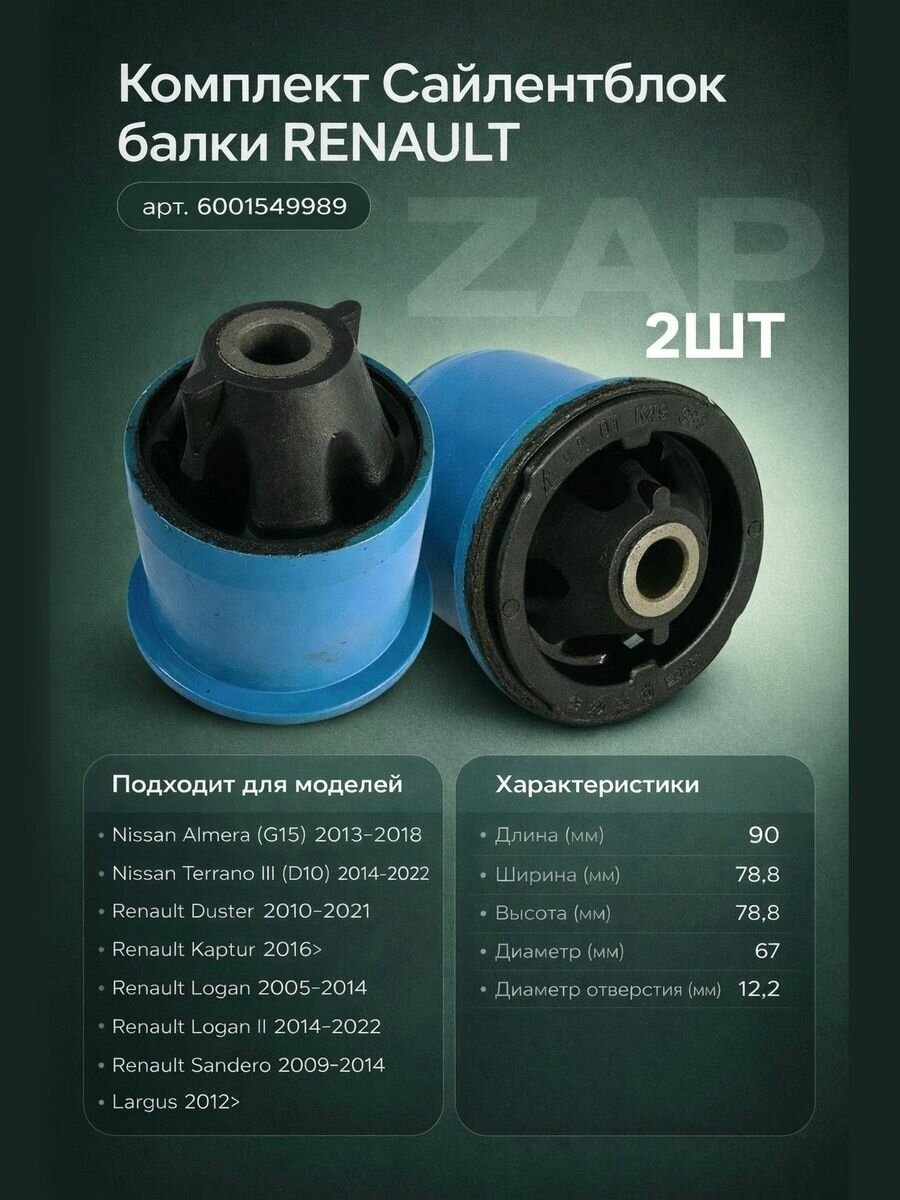 Комплект сайлентблок задней балки 2ШТ RENAULT для Nissan Almero, Terrano, Largus, Renault Logan, Sandero, Duster Арт. 6001549989