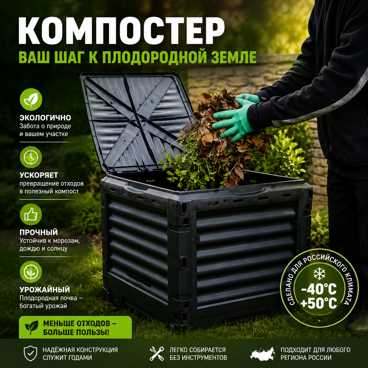 Компостер пластиковый 300 л, контейнер для ферментации органики, для сада и питомника