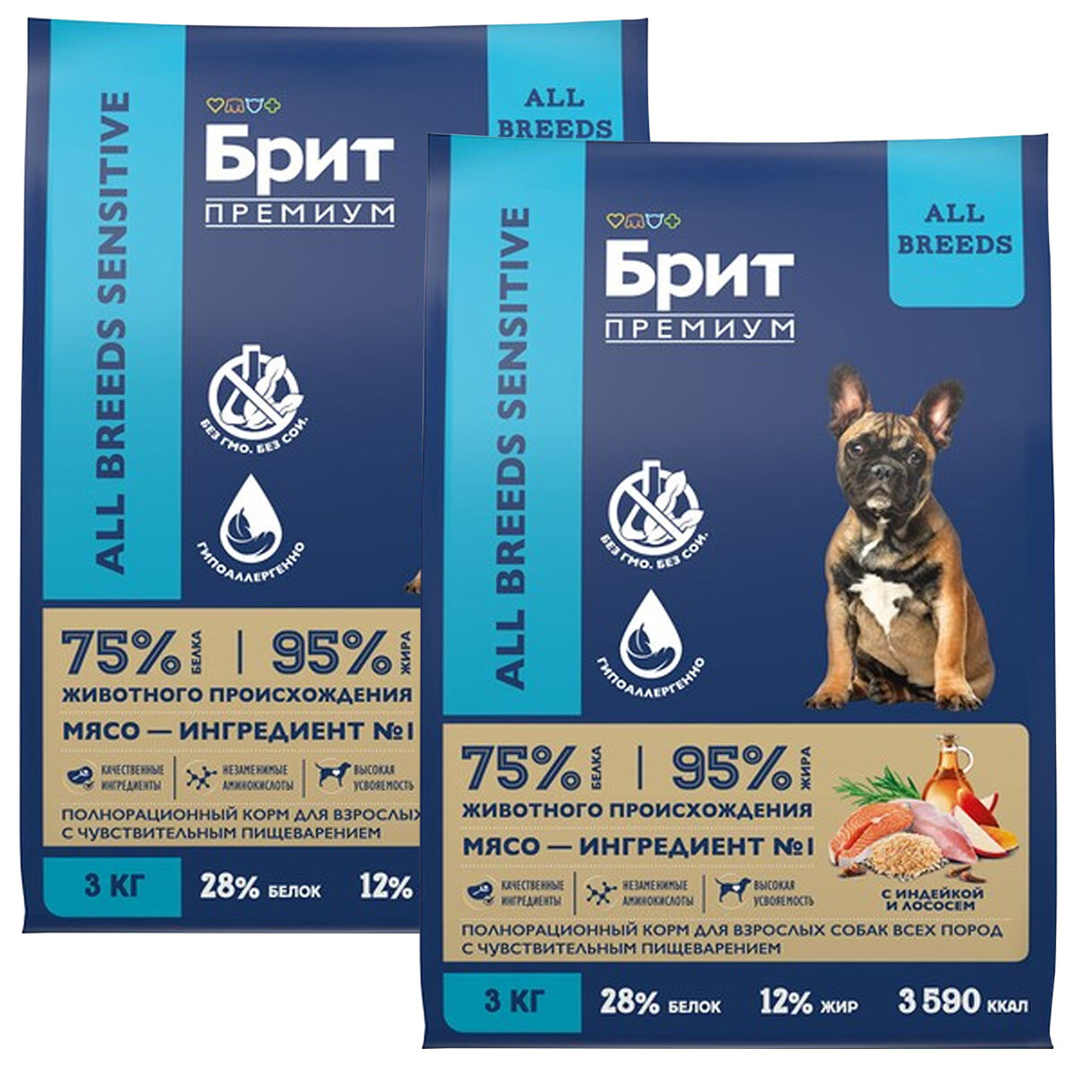 BRIT PREMIUM DOG ADULT SENSITIVE для взр собак всех пород с чувст пищ с лососем и индейкой NEW 3 + 3 кг