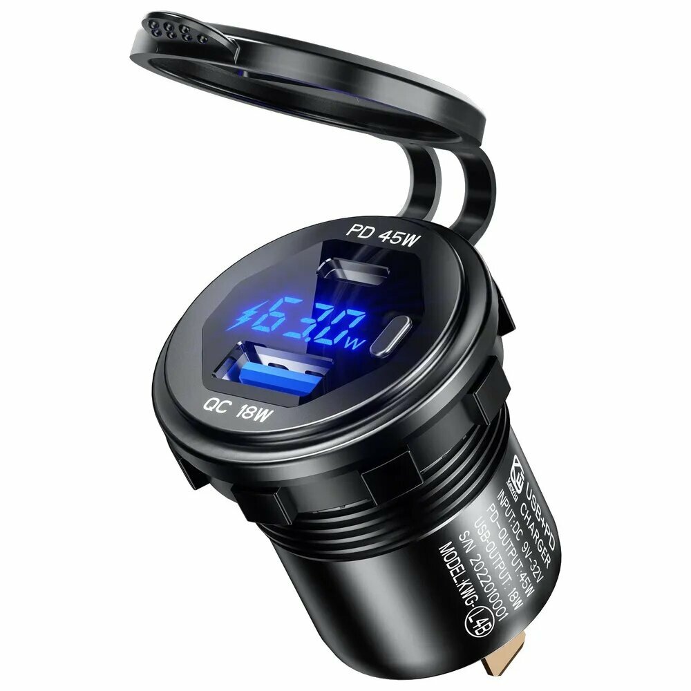 Металлический автомобильный зарядник 45W PD + 18W QC3.0 с дисплеем, Черный - Синий свет