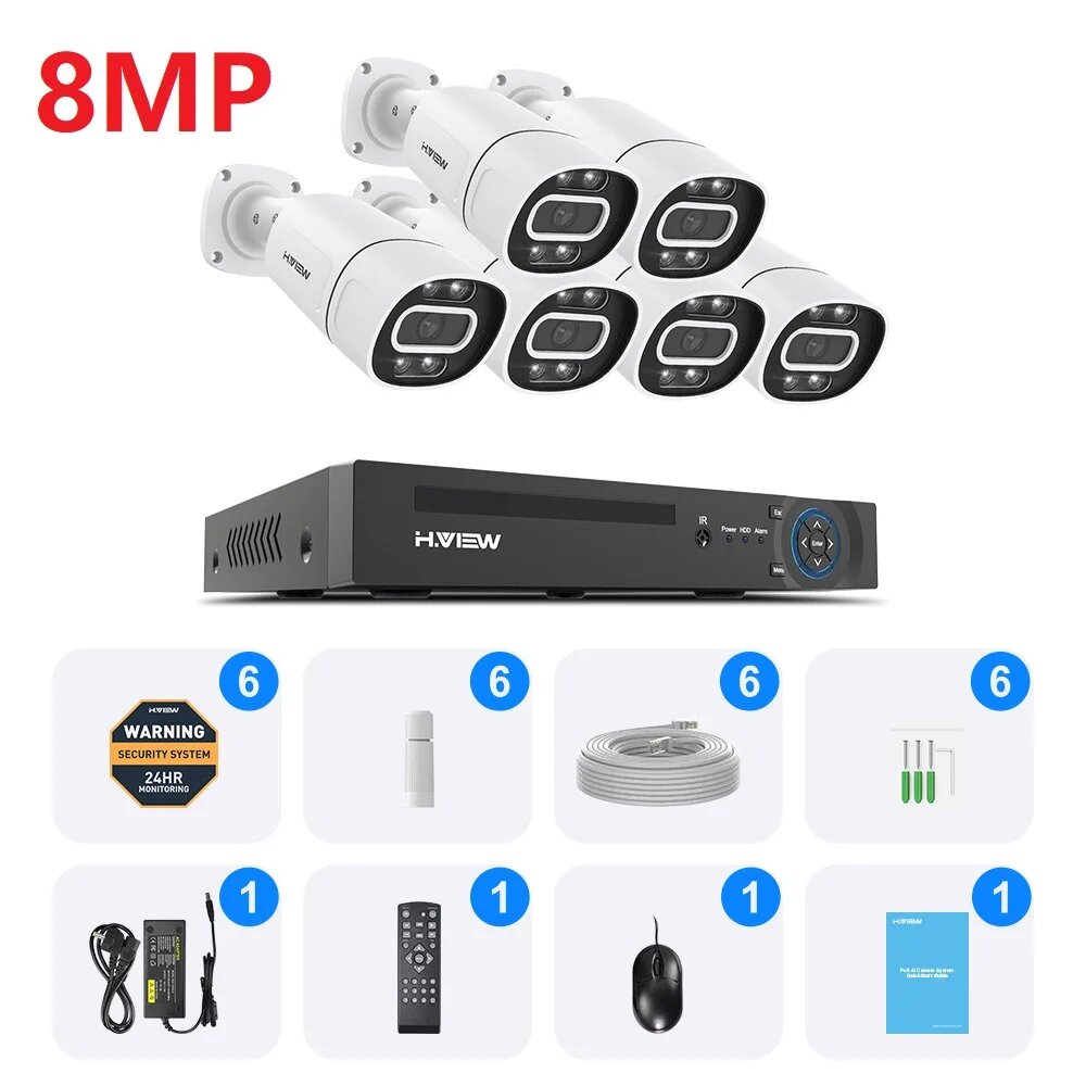 Система видеонаблюдения H.View 4K 5Mp 8Mp poe Cctv Security Camera System Home Video Surveillance Kit 8Ch Nvr Audio Outdoor Ip Camera xmeye app