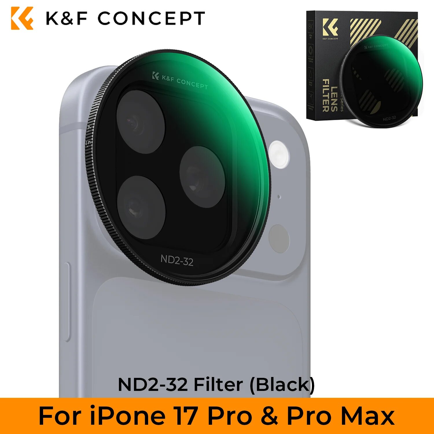 K&F CONCEPT Накладной фильтр ND2-32 для iPhone 17 Pro и Pro Max, сверхлегкий 11,2 г сменный Black