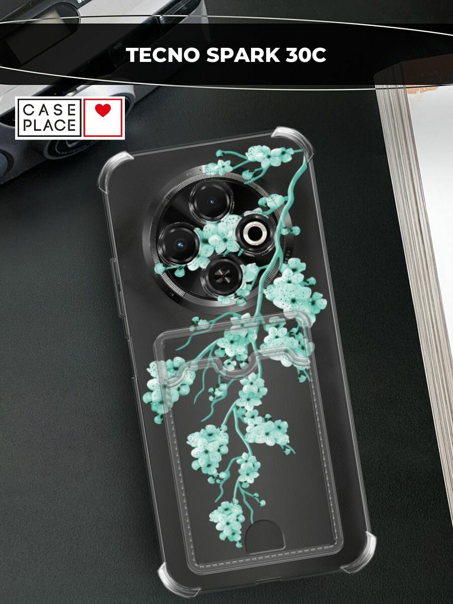 Чехол на Tecno Spark 30C (Текно Спарк 30C) с картой и принтом Бирюзовая веточка сакуры