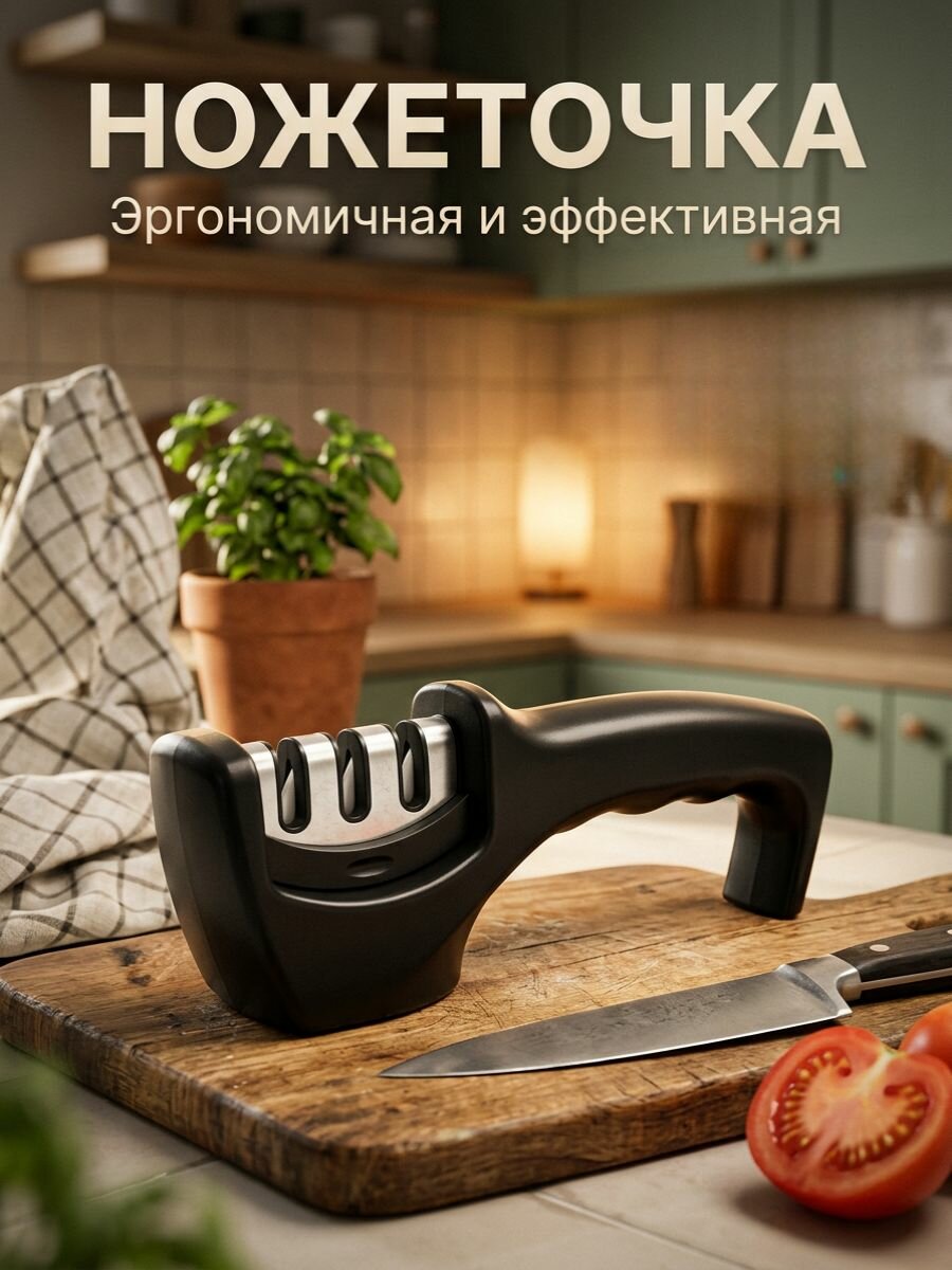 Точилка для ножей, ножеточка ручная черная универсальная для кухни