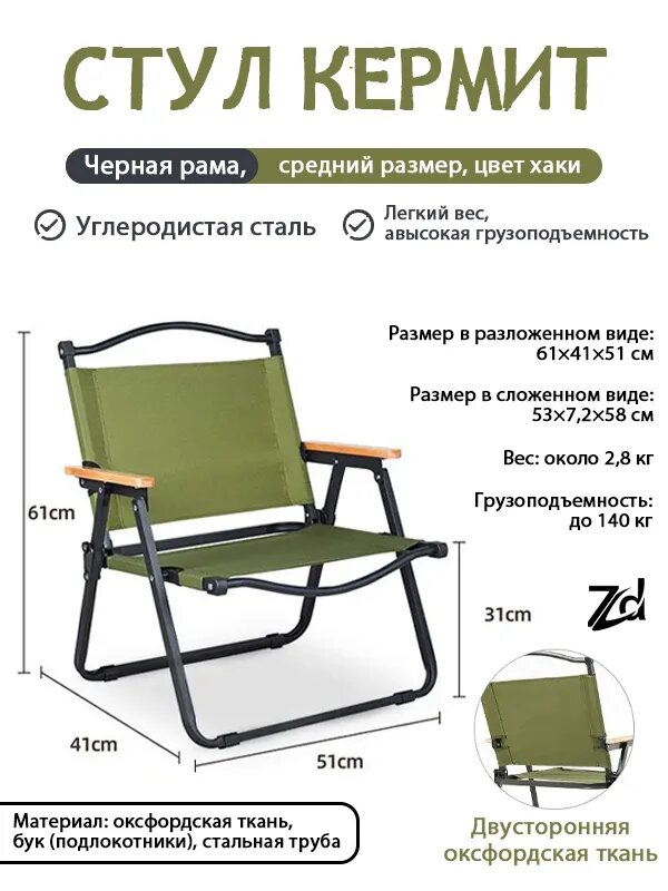 Складной стул Кеммит, Зеленый, 1 шт, Оксфорд, алюминий, 51x41x61 см, до 140 кг