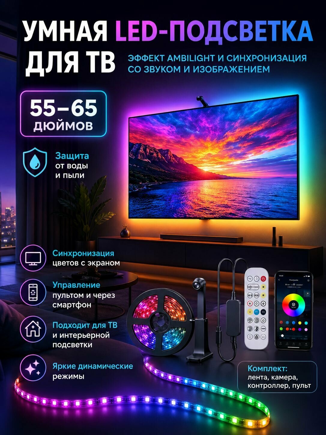 Адаптивная светодиодная подсветка для ТВ 55-65" c датчиком цвета/Умная адаптивная светодиодная лента / а также для интерьерной подсветки