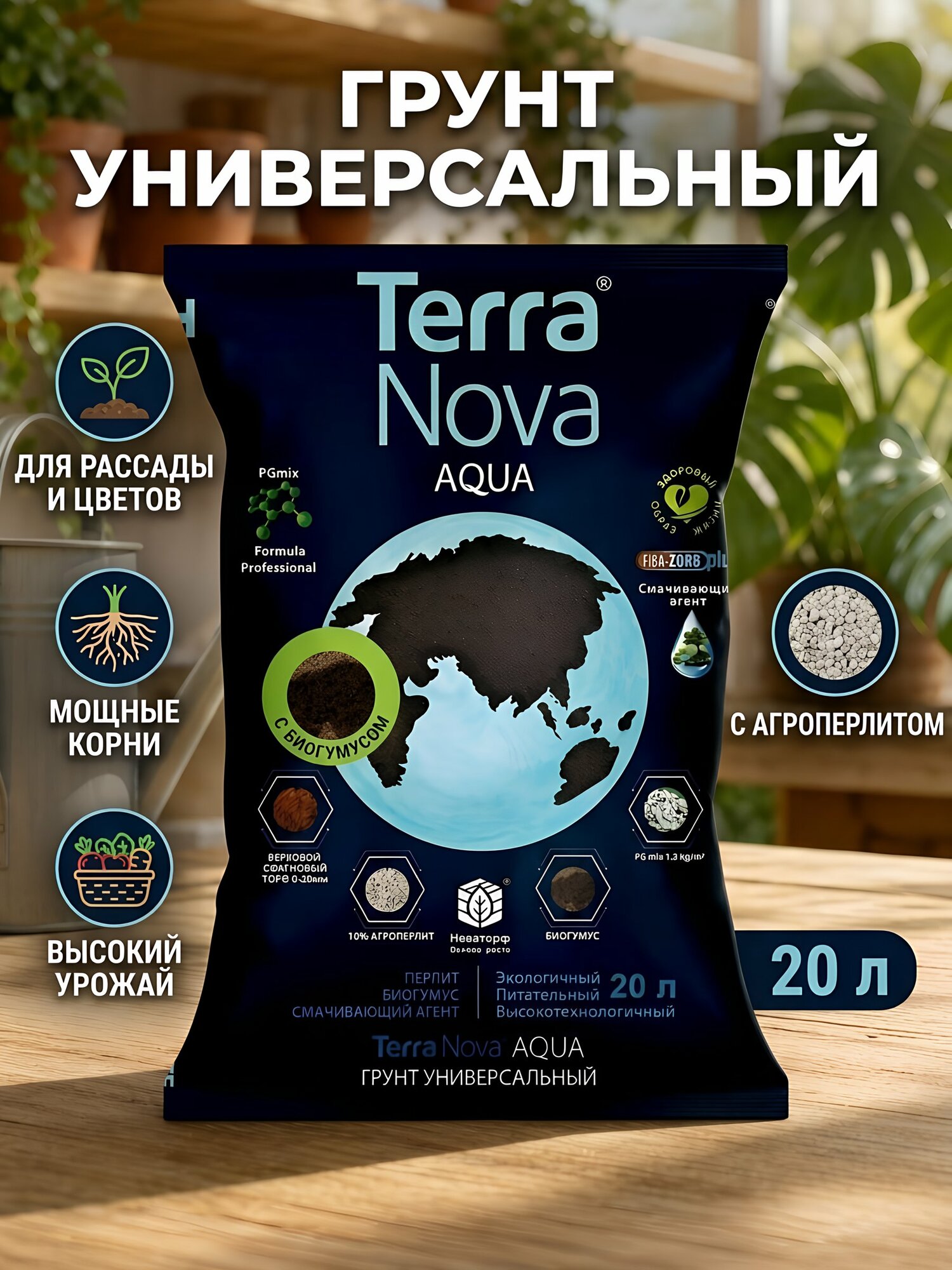 Грунт универсальный Terra Nova Aqua 20 л с биогумусом и агроперлитом для сада и огорода, повышение урожайности, Россия