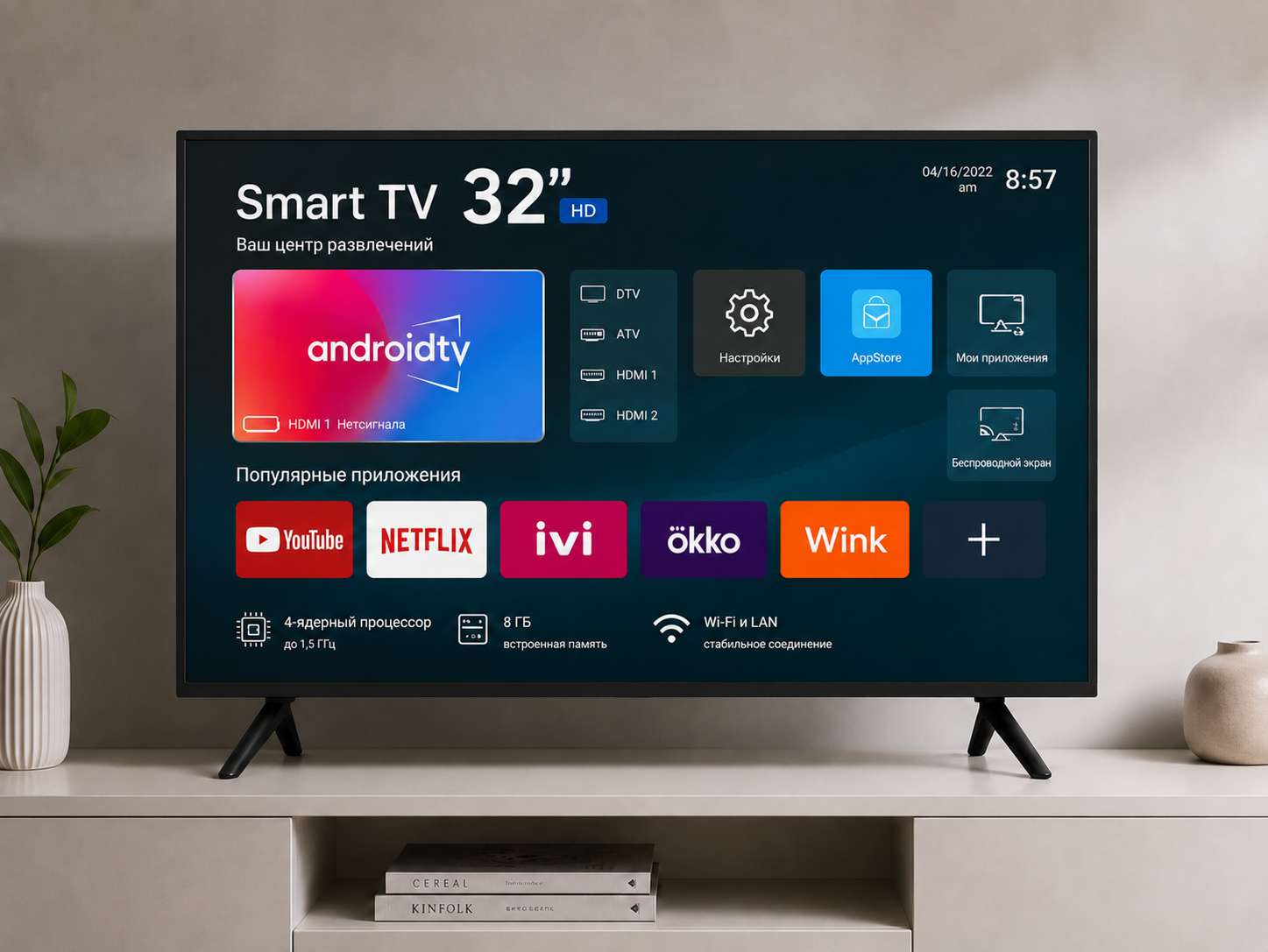 Умный телевизор 32" SMART TV с Android 14, HD (1366*768), VA - матрица, Dolby Audio, Wi - Fi