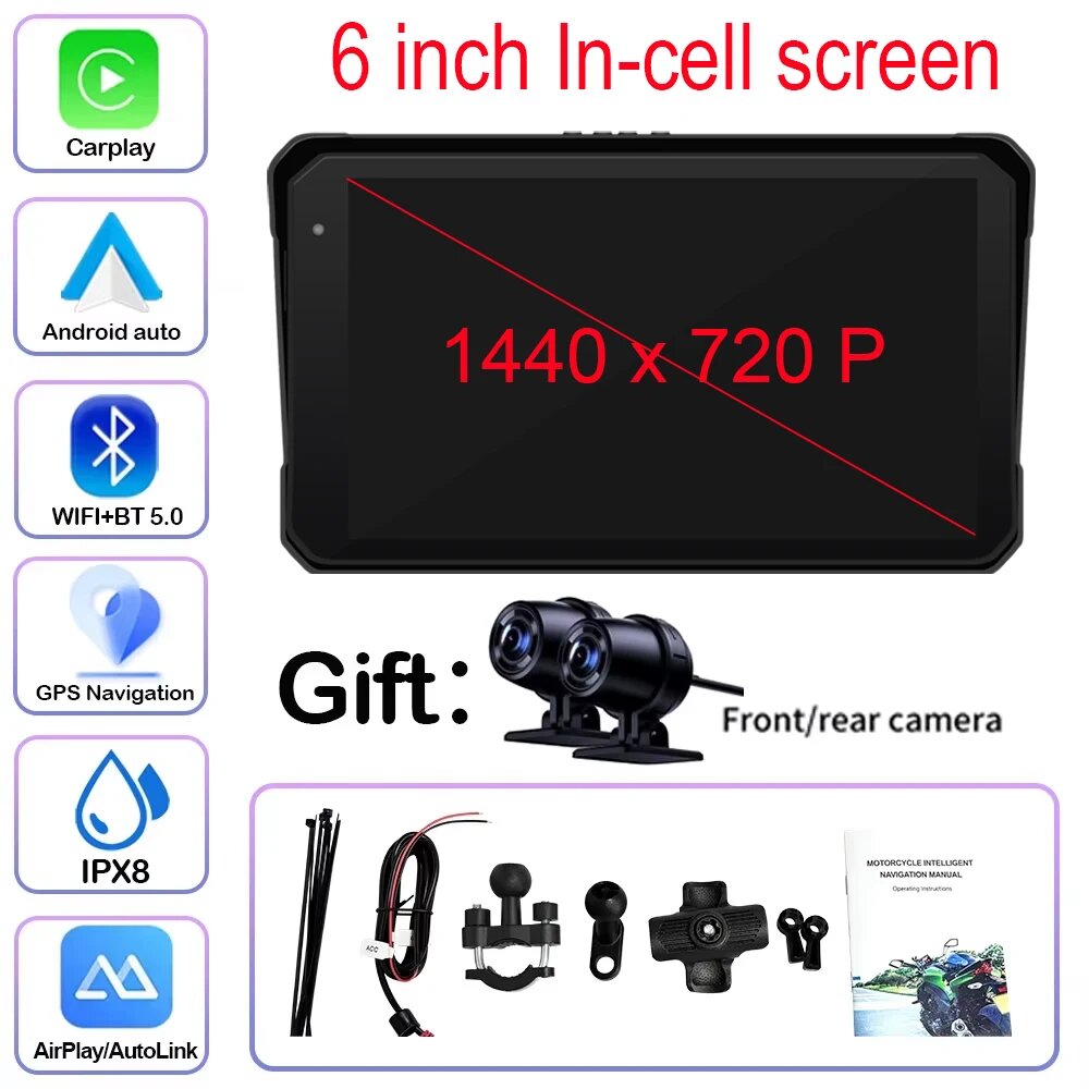 6-дюймовый навигационный экран для мотоцикла, беспроводной CarPlay Android Auto, 6-inch DVR