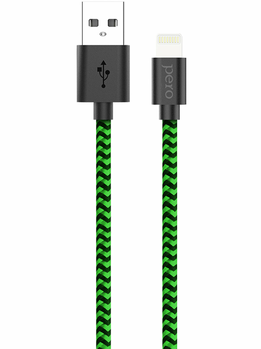 Кабель Pero DC-04, USB/Apple Lightning, длина 2 метра, тканевая оболочка, зелёный