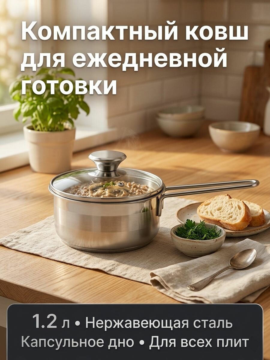 Ковш, кухонный, нержавеющая сталь, индукционное дно, 4240, 1.2 л — фото 1