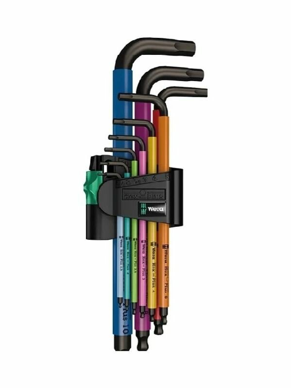 Набор ключей WERA (WE-073593) 950/9 SPKL Hex-Plus Multicolour BlackLaser 1 SB Набор Г-образных ключей, с шаром, 9 предметов, 1.5/2/2.5/3/4/5/6/8/10 мм.