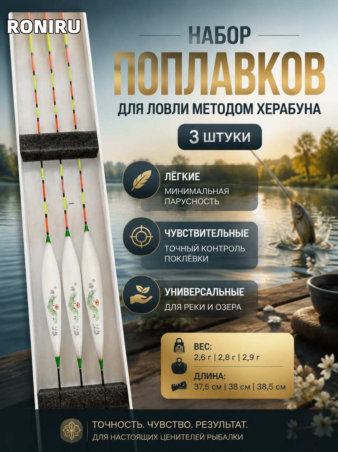 Набор поплавков для ловли методом херабуна, 3 шт — легкие и чувствительные для точной рыбалки на реке и озере.