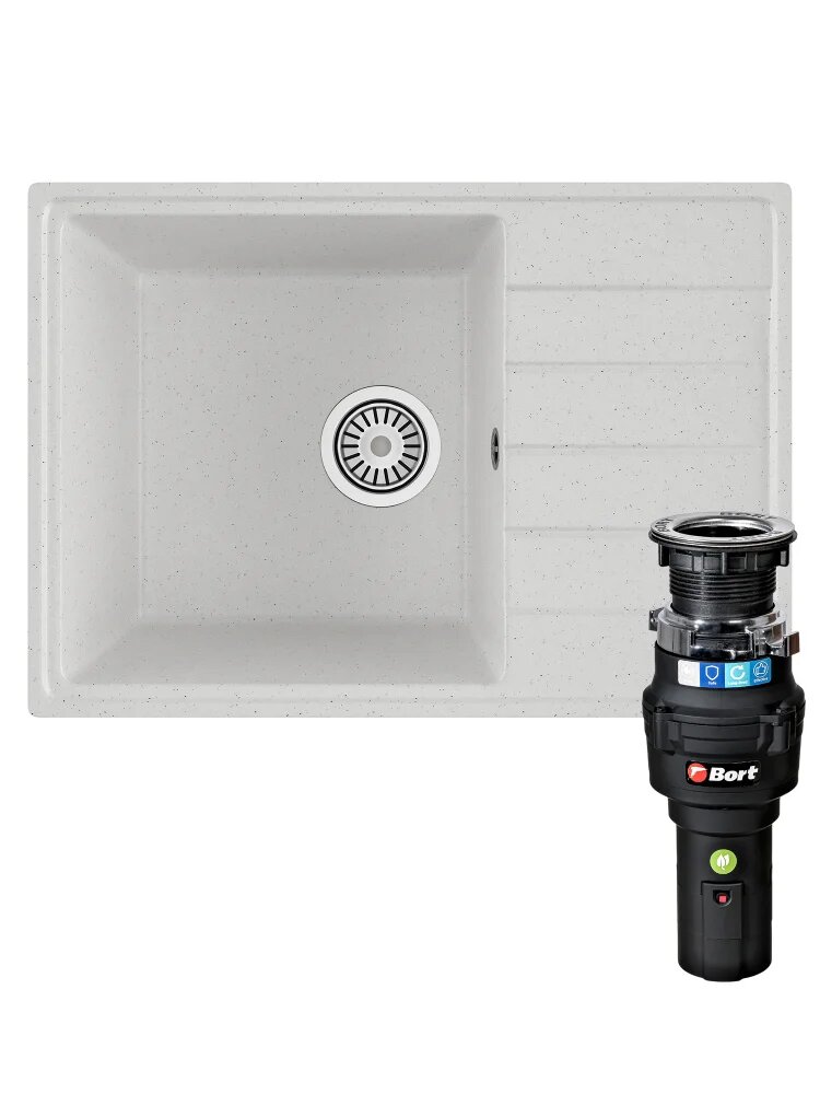 Комплект Мойка Domaci Палермо PR-600-001 60x42, белая, искусственный мрамор / Измельчитель Bort Caiman 93418064 электрический, нержавеющая сталь