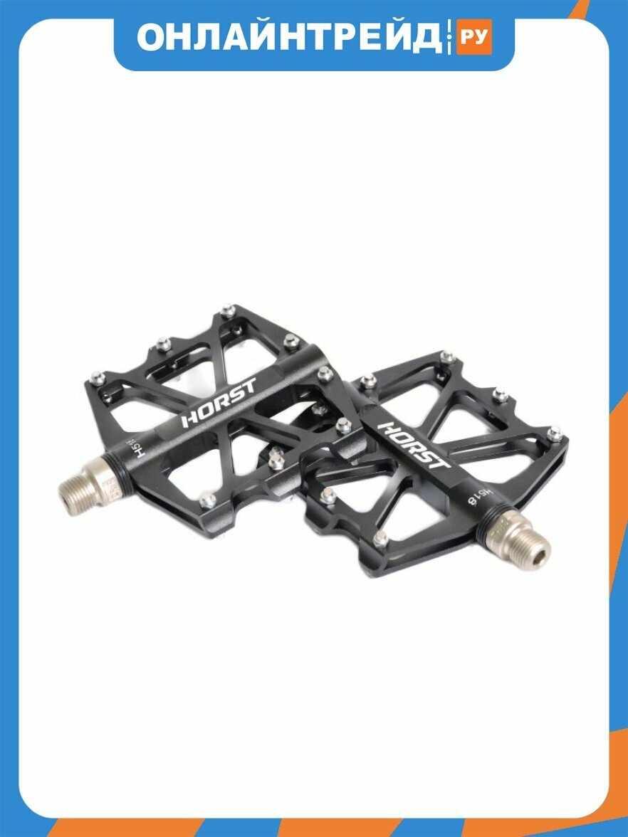 Педали Horst H518, алюминиевые, широкие, ось Cr-Mo с 4-мя герм. промподш. смен. шип. 340 г черные, 00-170839