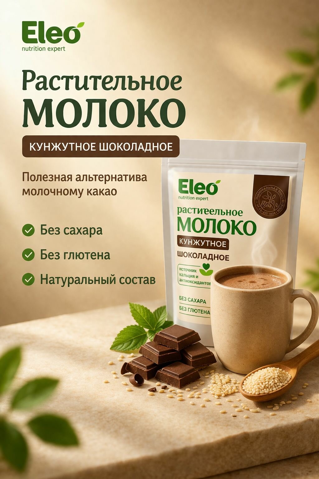 Растительное молоко кунжутное Шоколадное " без сахара , Eleo" 150 г.