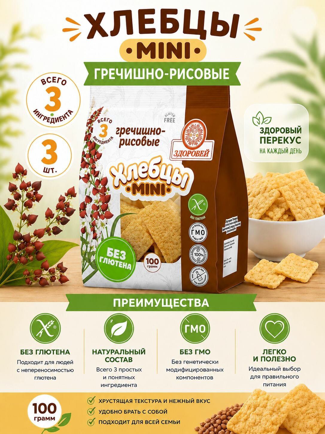 Хлебцы гречишно-рисовые мини, ТМ Здоровей, 3 шт. по 100 г