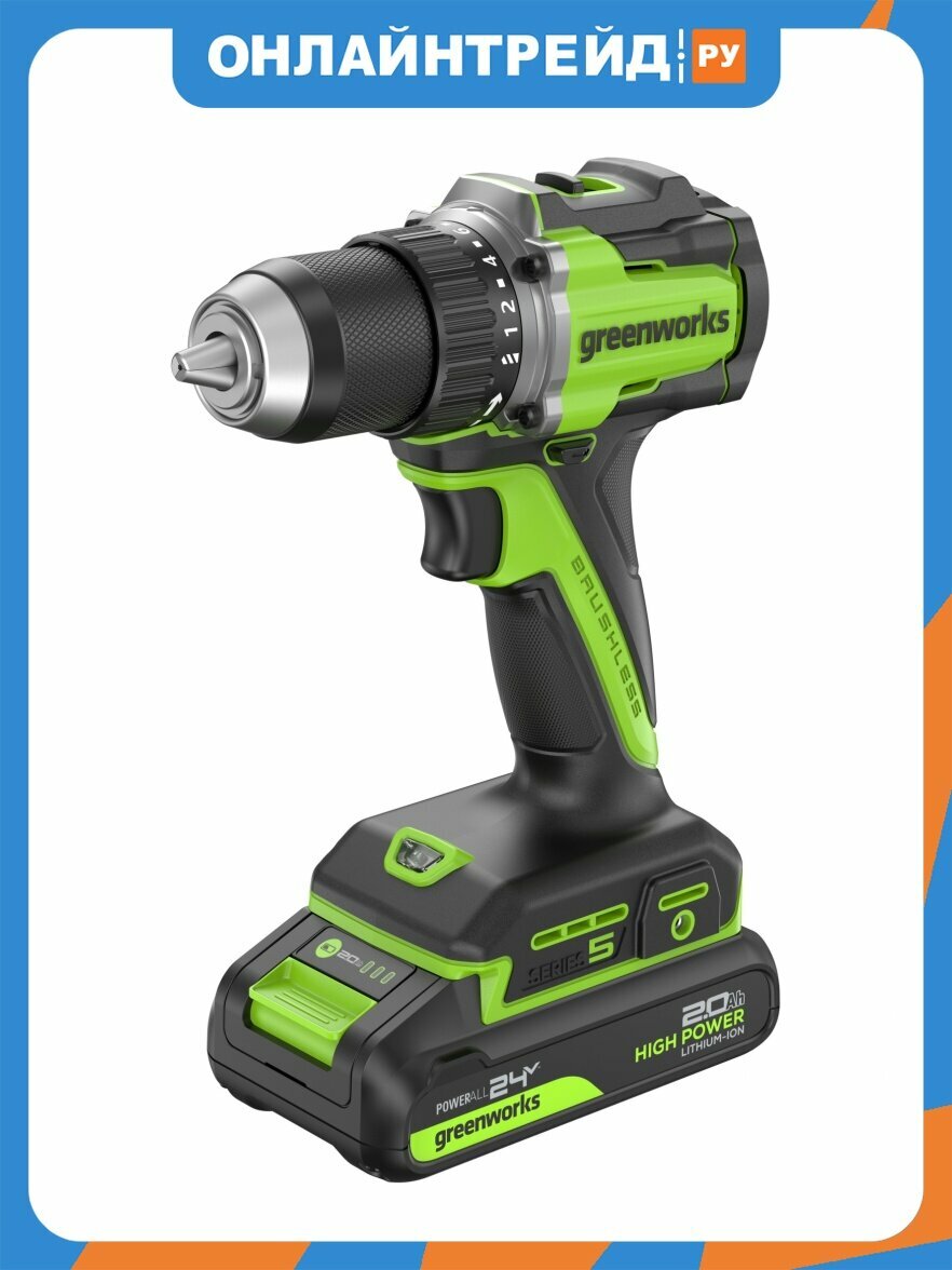 Дрель-шуруповерт аккумуляторная Greenworks DD560, 24V, б/щет, 30/60 Нм,13мм, Anti-kickback,1х2Ач, ЗУ, кор (3708407CUA)