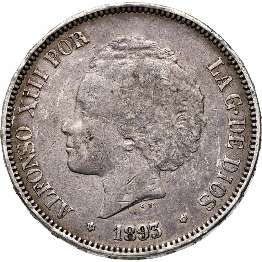 Испания 5 песет pesetas 1893, буквы PG и L на реверсе, Серебро 900, в сохранности XF