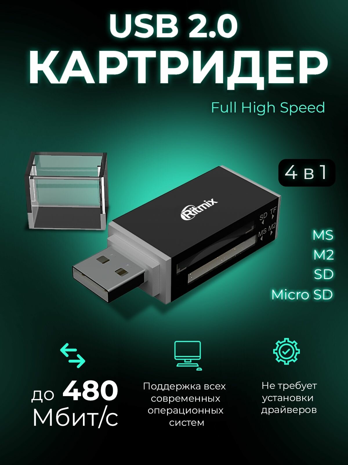 Картридер RITMIX CR-2042 Black, для SD, MicroSD, Memory Stick и Memory Stick Duo карт