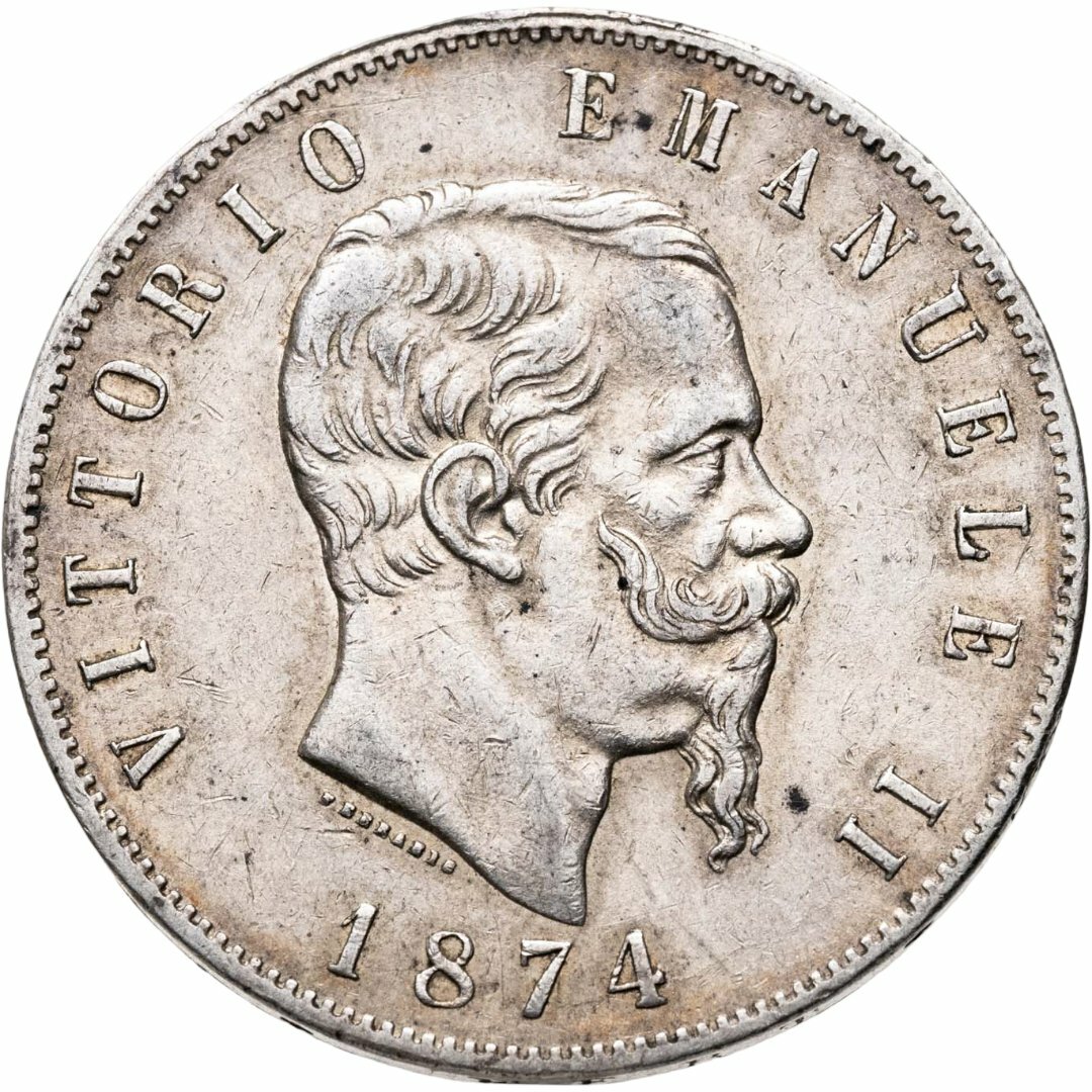 Италия 5 лир 1874, Серебро 900, в сохранности XF-AU