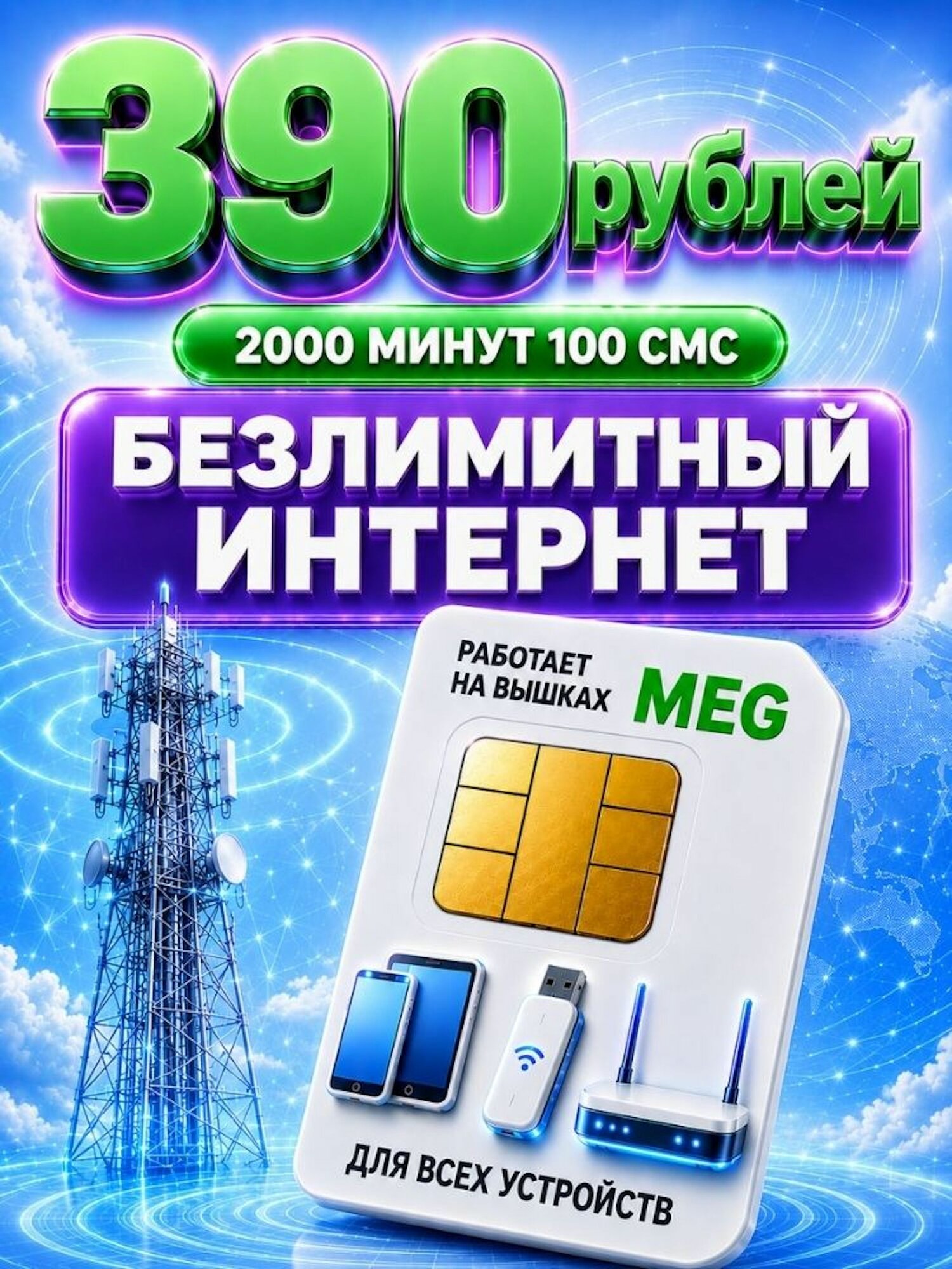 "Безлимитный интернет" сим карта 390 рублей в месяц по всей России саморегистрация YV2FM