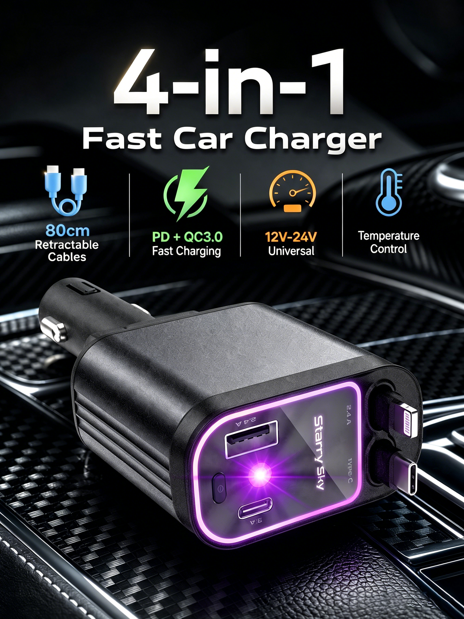 Автомобильное зарядное устройство 4в1 ,66W PD 30W, выдвижной кабель 80 см, 180° поворот, зарядка 4 устройств