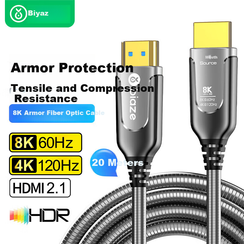 BIAZE Волоконно-оптический HDMI кабель 2.1 версия 8K60Hz с металлической защитой 20 м для домашнего кинотеатра и