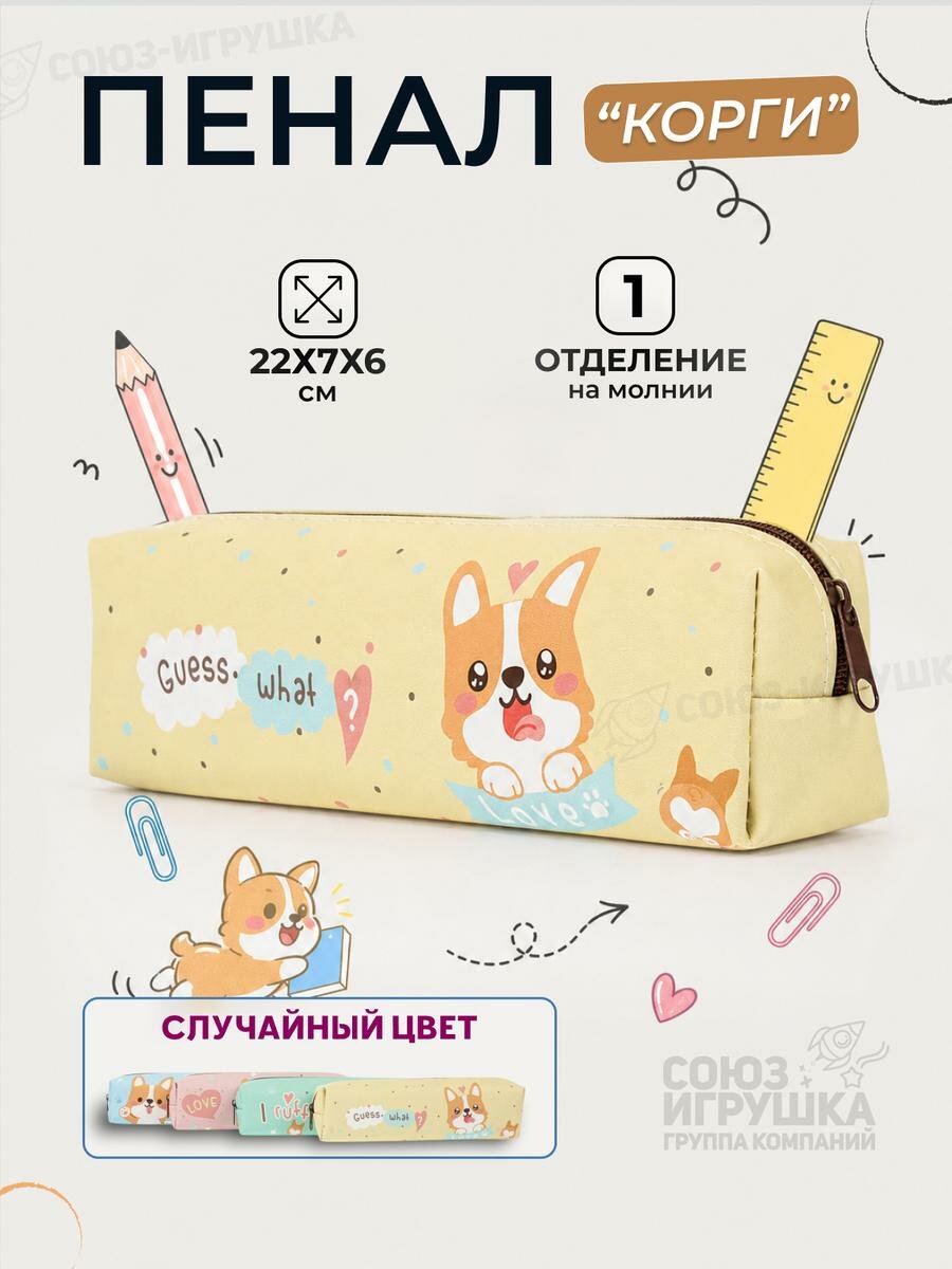 Пенал-косметичка "Корги" кожзам, 1 отделение на молнии, для школы, 22х7х6 см, разноцветный принт