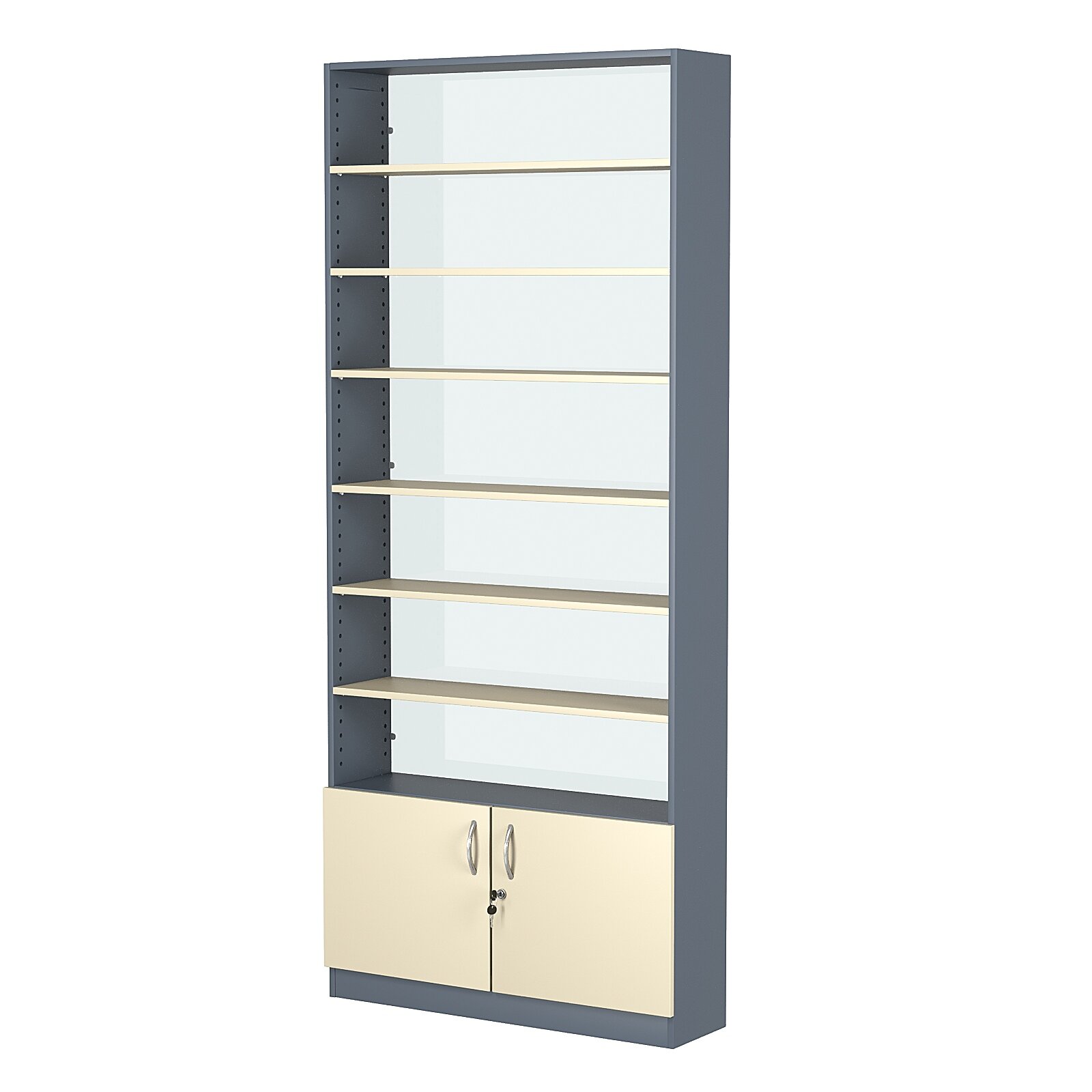 Стеллаж из ДСП с 6-ю полками 250x900 мм серии LEVEL-6 №11-1 (З/C - стекло), Темно-серый + Крем Вайс