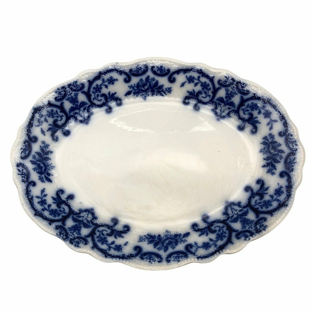 Блюдо "Portman" с подвесом, 28*21 см, кобальт Flow Blue, 1891-1914 гг, Grindley, Англия (кракелюр)