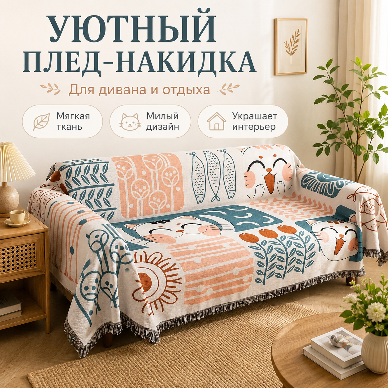 Покрывало на диван с принтом милых кошек, универсальная тканевая накидка с бахромой для защиты мебели 180X230