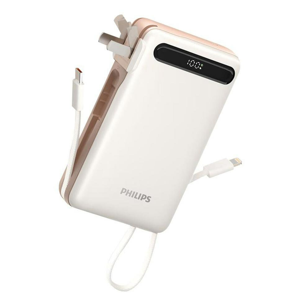 Портативный аккумулятор Magsafe Philips DLP2228B/93, 20000Мач, 20W/22.5W - "3 в 1" -USB-C, Lightning, сетевая вилка, бежевый