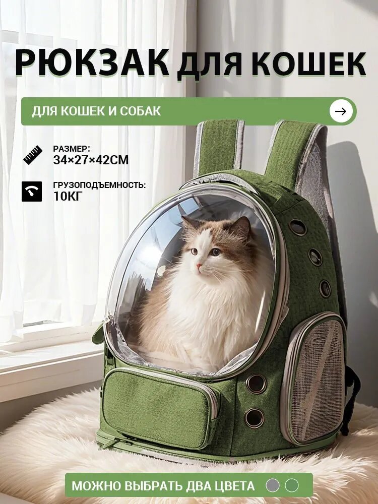 Рюкзак‑переноска для кошек и мелких собак космическая капсула, вентилируемая сумка для транспортировки питомцев. Зелёный