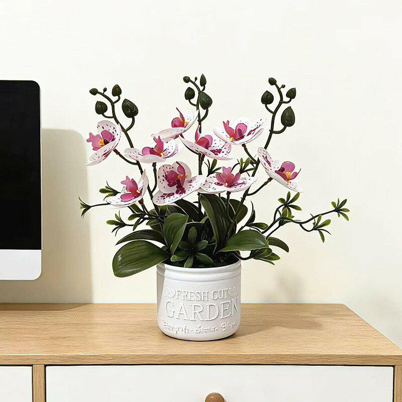 Silk butterfly orchid potted arrangement with plastic material for restaurant and hotel table decor style b