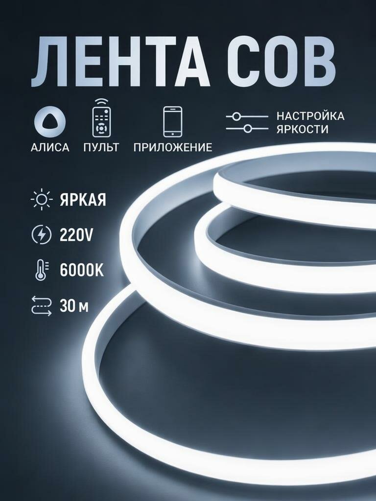 Гибкий неон 30 метров cob лента с алисой от сети холодный белый