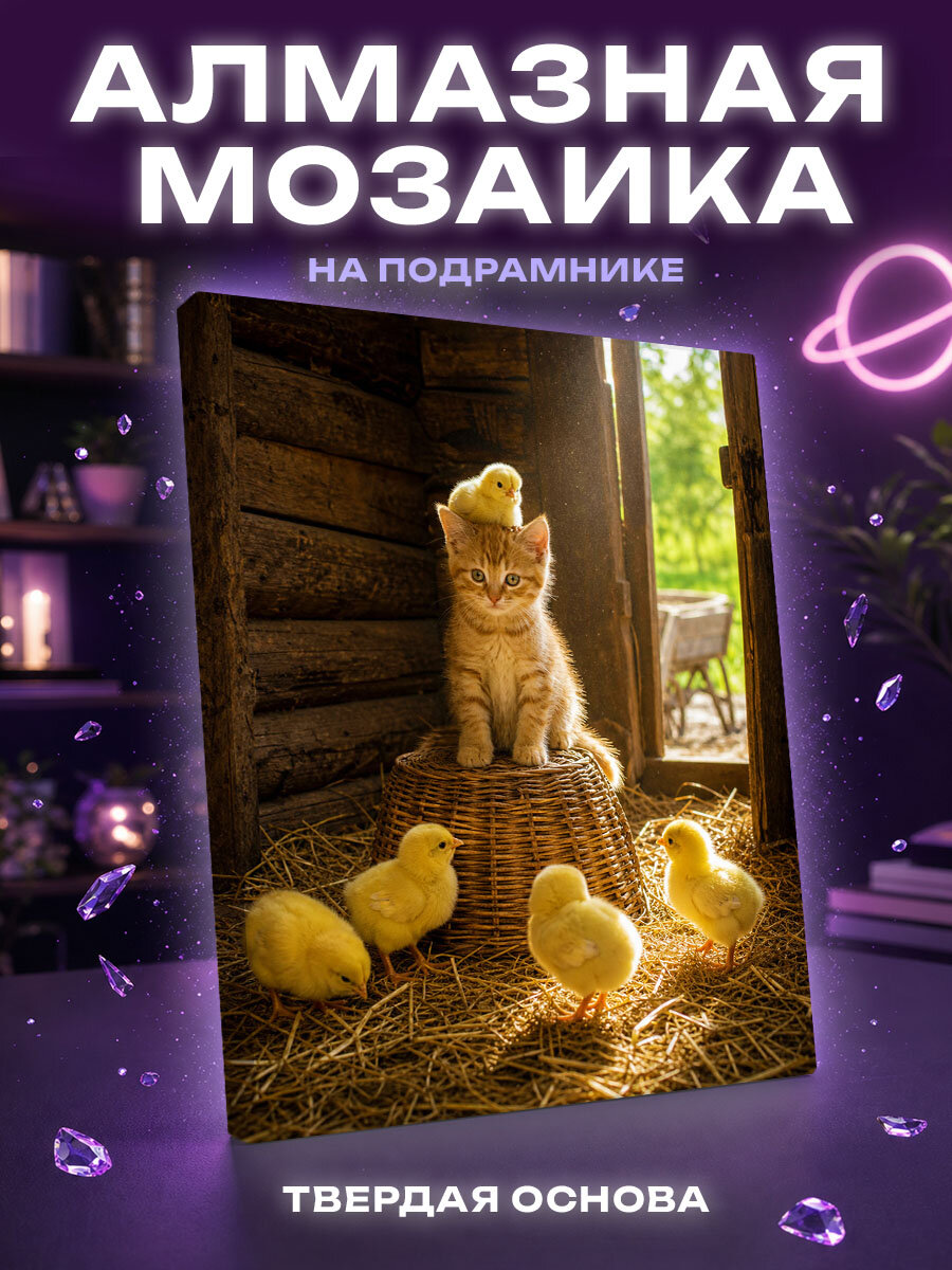 Алмазная мозаика Котёнок и смелый цыплёнок