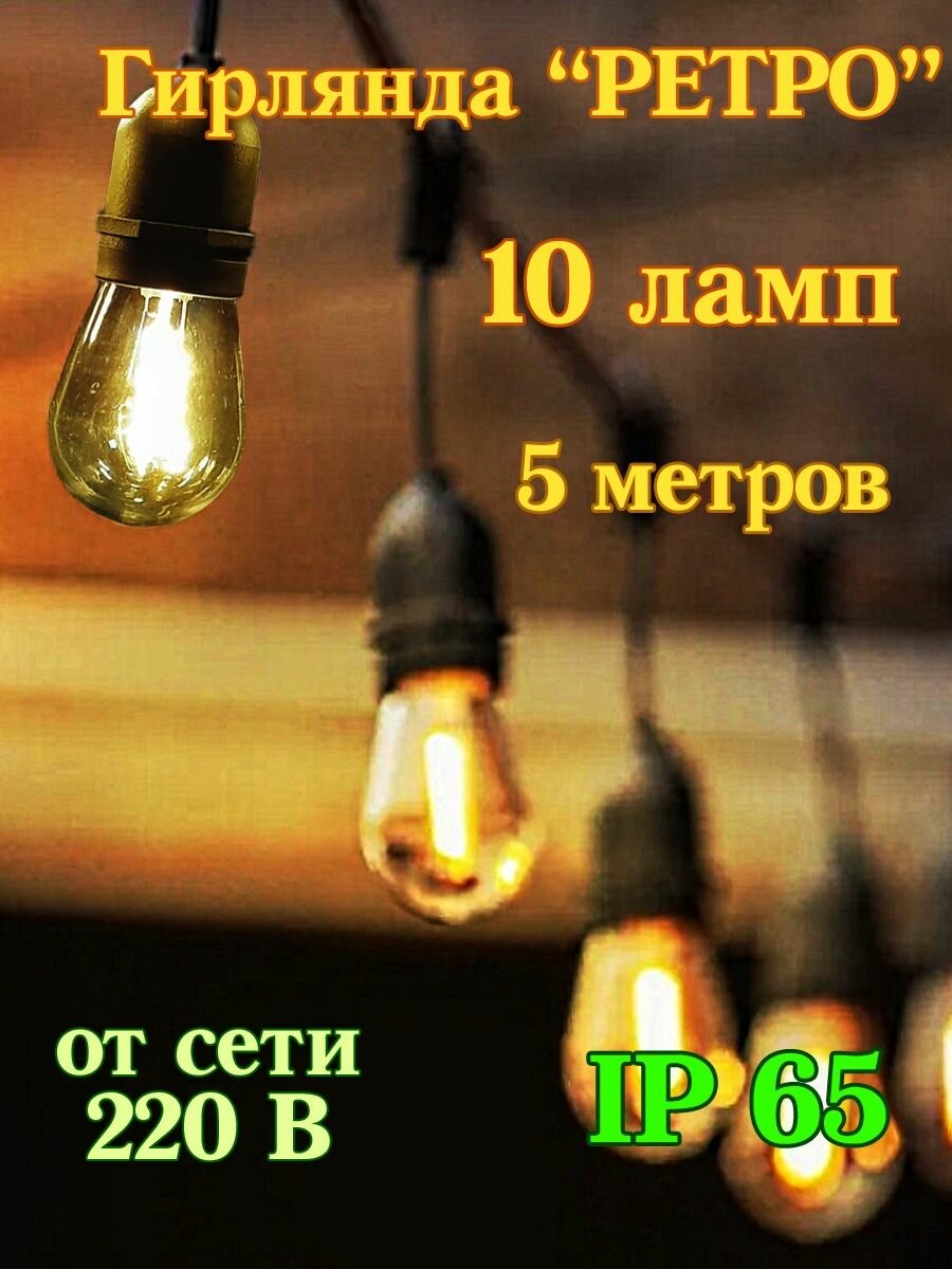 Уличная Ретро электрогирлянда 10 LED, длина 5 метров
