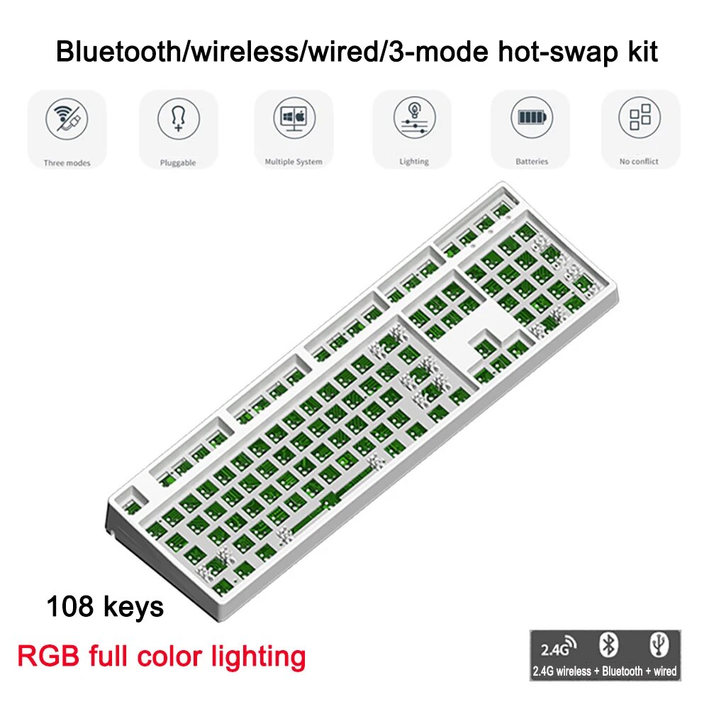 Беспроводная механическая клавиатура 108 клавиш RGB Gasket Gaming 3 Mode White 108