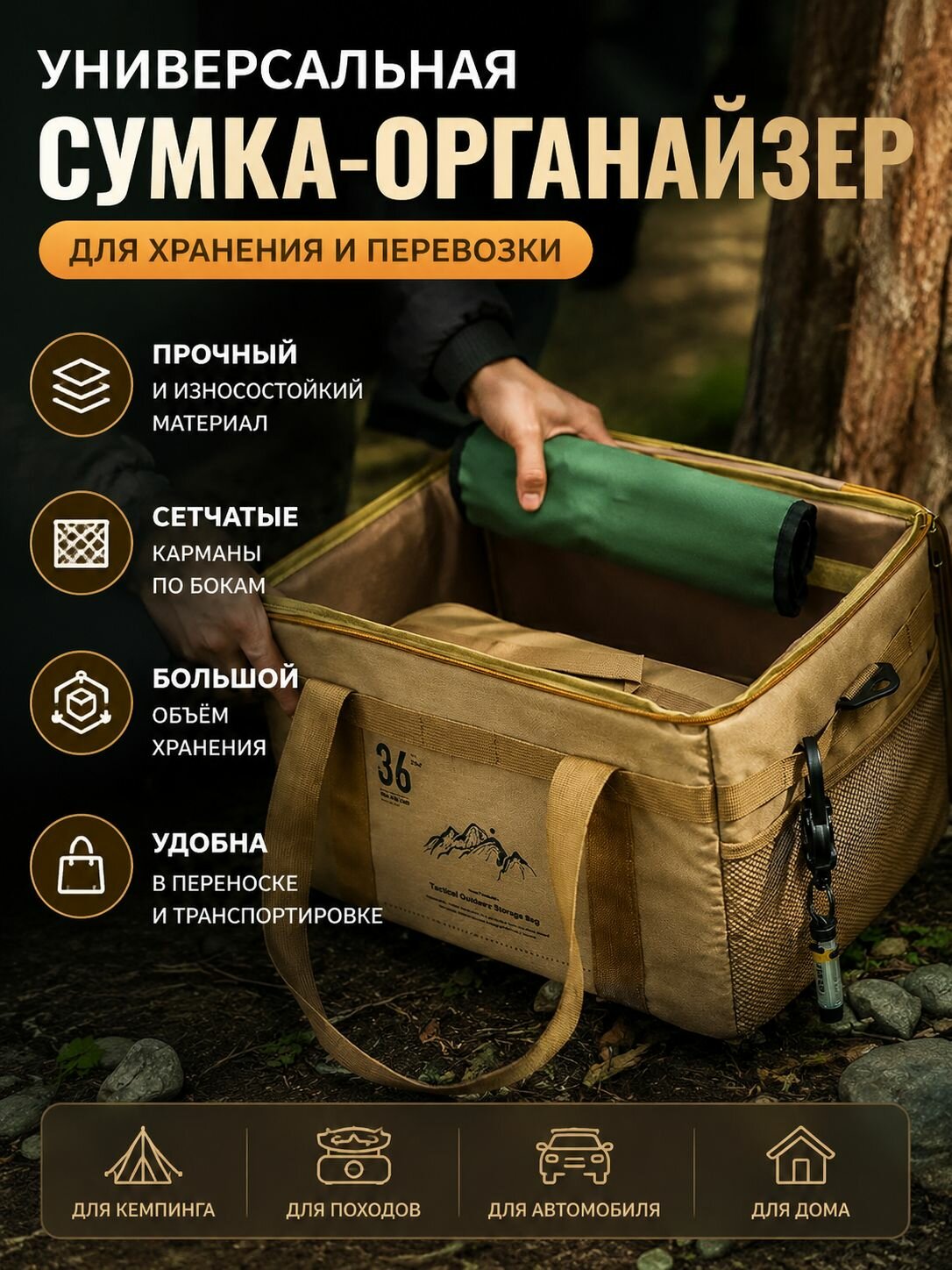 Тактическая сумка-органайзер 36L для кемпинга и путешествий, складной контейнер для хранения с деревянной крышкой, водонепроницаемая сумка для автомобиля, рыбалки и пикника, прочный 900D материал для походов и туризма для организации багажа