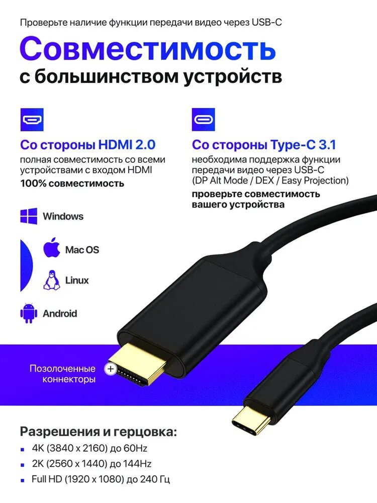 Видеокабель USB Type-C/HDMI, 1.8 м, черный, 4K@60Hz, 18Gbps, USB 3.1 — фото 1