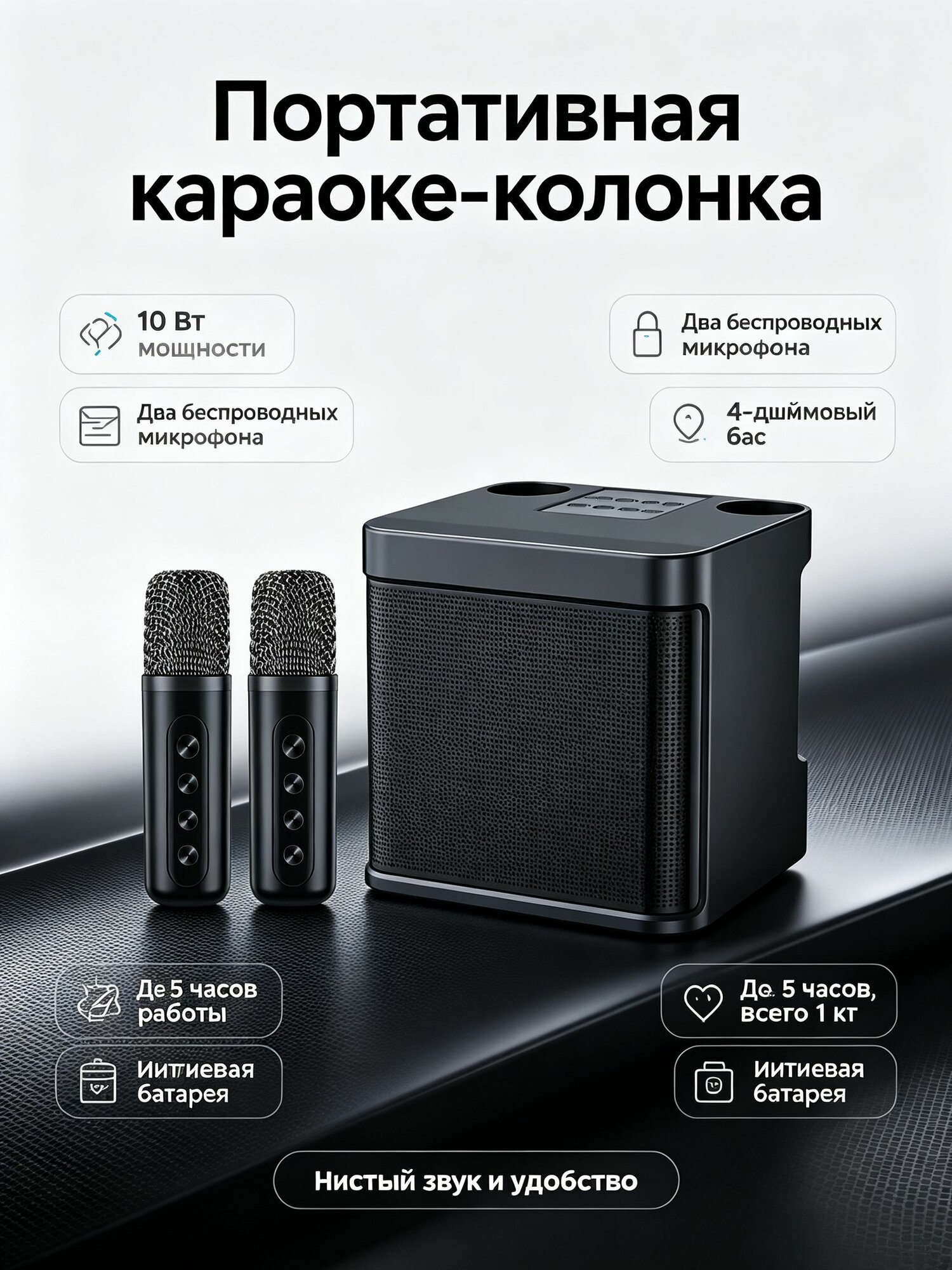 Портативная колонка с микрофонами, 10 Вт, двойной хороший звук, поддержка TF-карты и флешки, черный / красный