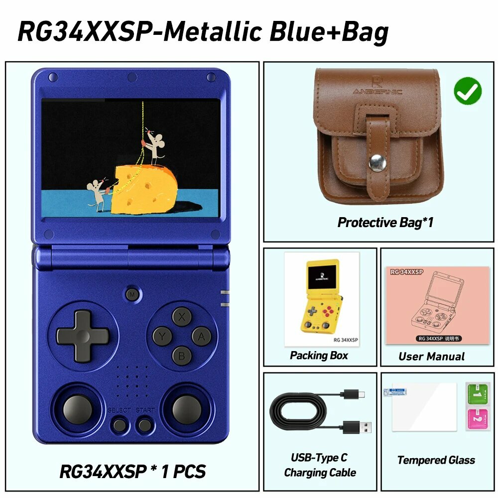 Anbernic RG34XXSP портативный игрок 3.4 дюйма Синий, 64G(5K Games), Metallic Blue Bag
